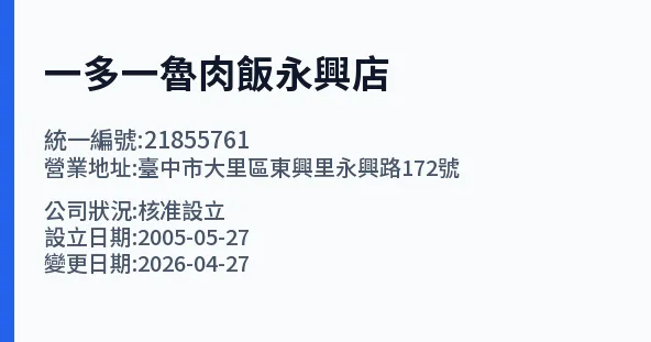 一多一魯肉飯永興店的照片-統編 21855761(臺中市) 公司登記資料與營業項目詳細圖表