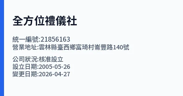 全方位禮儀社的照片-統編 21856163(雲林縣) 公司登記資料與營業項目詳細圖表