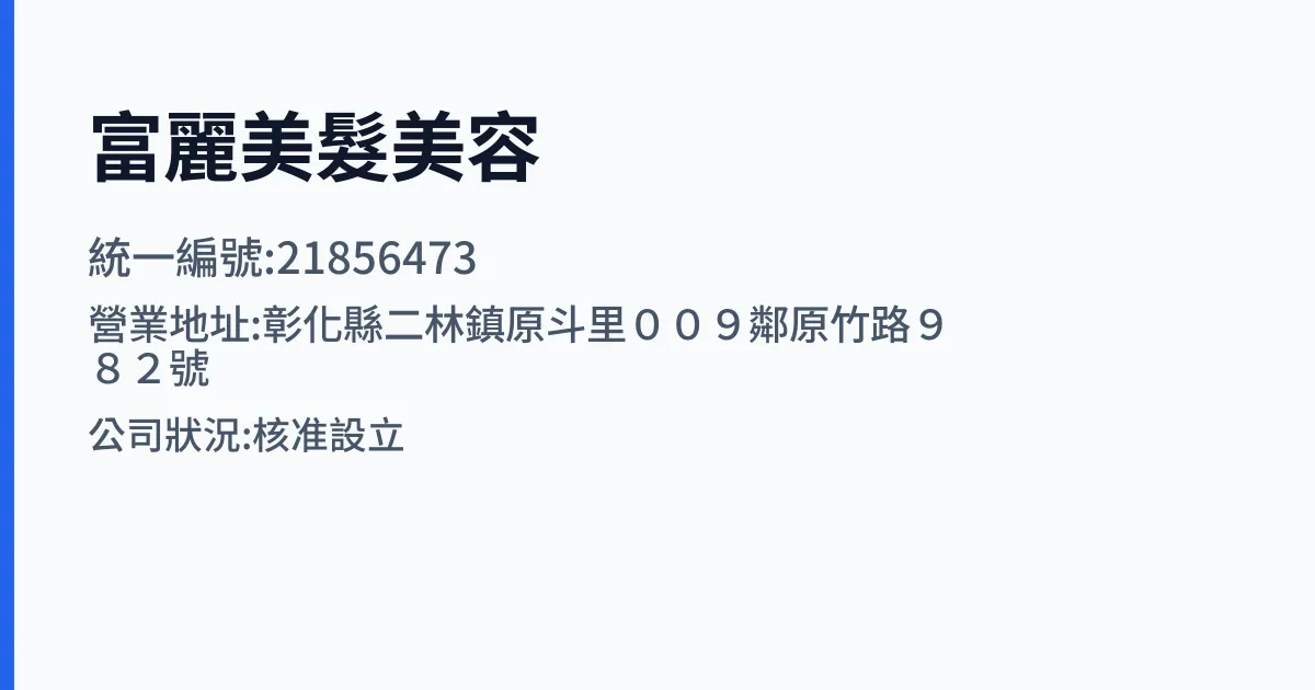 富麗美髮美容 - 統編 21856473(彰化縣) 公司登記資料與營業項目詳細圖表