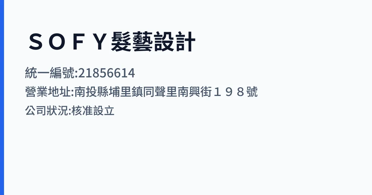 SOFY髮藝設計 - 統編 21856614(南投縣) 公司登記資料與營業項目詳細圖表