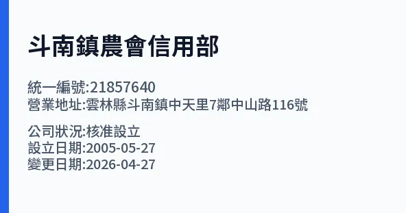 斗南鎮農會信用部的照片-統編 21857640(雲林縣) 公司登記資料與營業項目詳細圖表