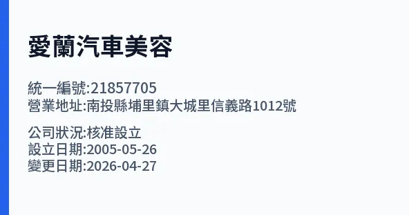 愛蘭汽車美容的照片-統編 21857705(南投縣) 公司登記資料與營業項目詳細圖表