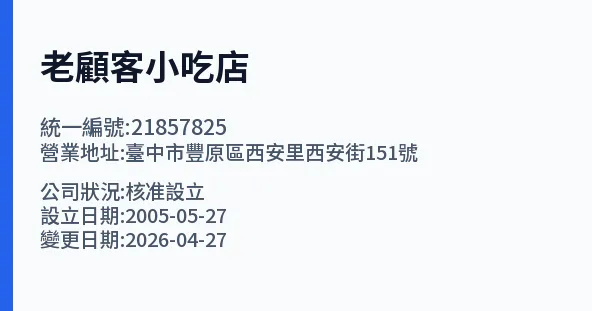老顧客小吃店的照片-統編 21857825(臺中市) 公司登記資料與營業項目詳細圖表