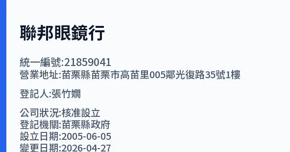 聯邦眼鏡行的照片-統編 21859041(苗栗縣) 公司登記資料與營業項目詳細圖表