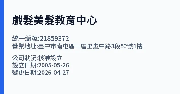 戲髮美髮教育中心的照片-統編 21859372(臺中市) 公司登記資料與營業項目詳細圖表