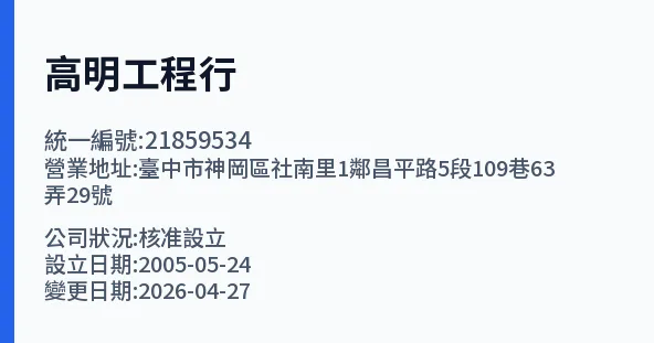 高明工程行的照片-統編 21859534(臺中市) 公司登記資料與營業項目詳細圖表