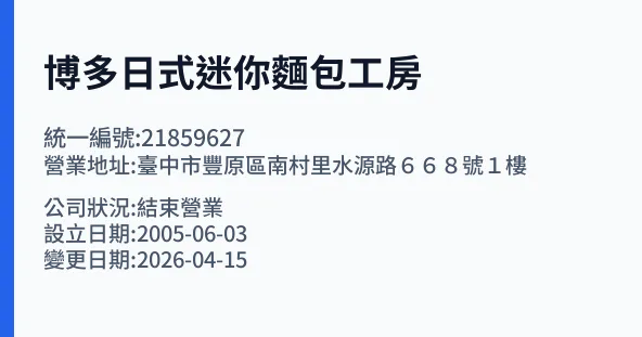 博多日式迷你麵包工房的照片-統編 21859627(臺中市) 公司登記資料與營業項目詳細圖表
