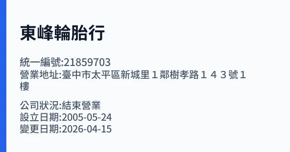 東峰輪胎行的照片-統編 21859703(臺中市) 公司登記資料與營業項目詳細圖表