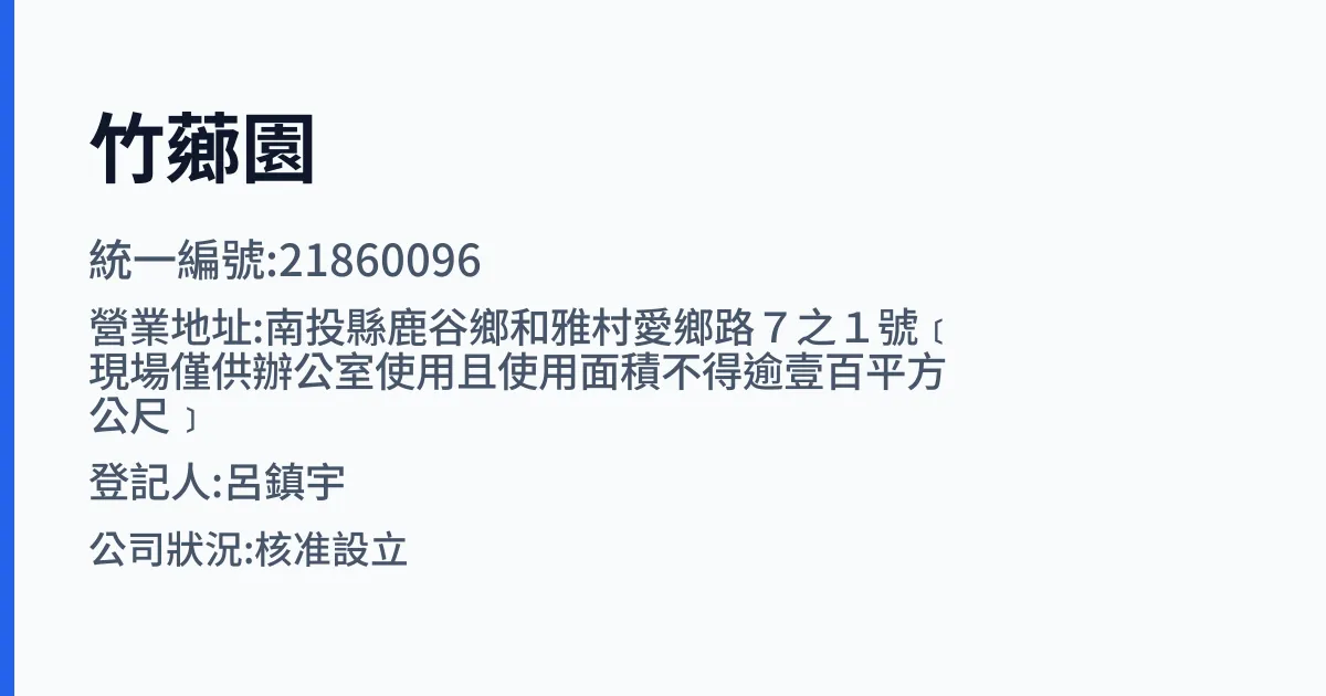 竹薌園 - 統編 21860096(南投縣) 公司登記資料與營業項目詳細圖表