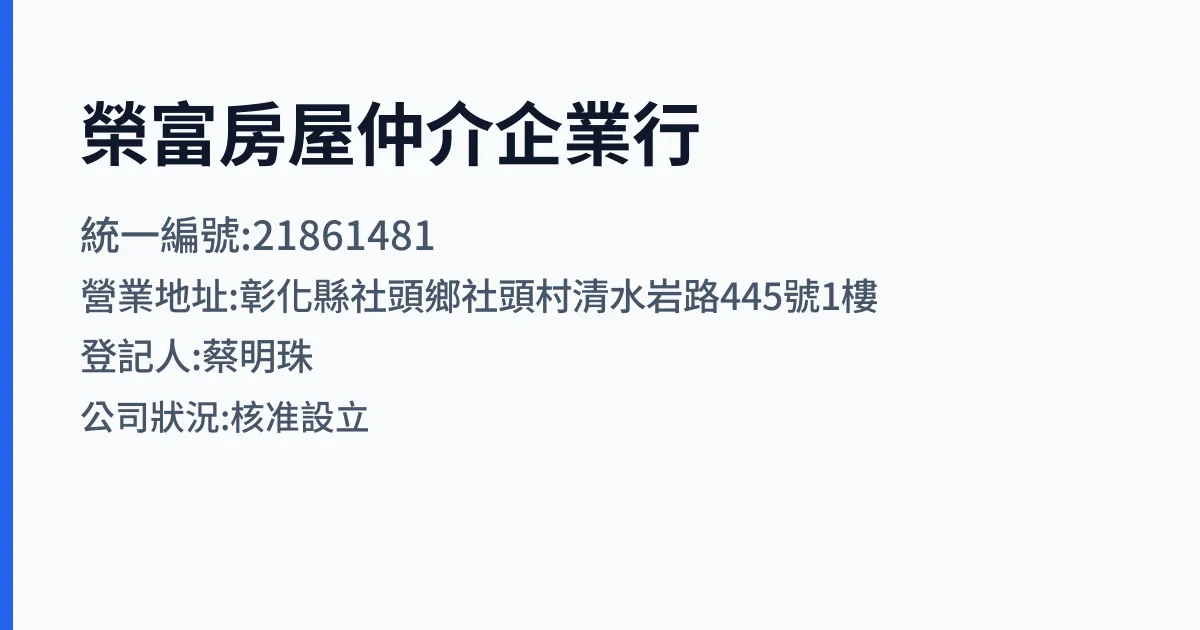 榮富房屋仲介企業行 - 統編 21861481(彰化縣) 公司登記資料與營業項目詳細圖表
