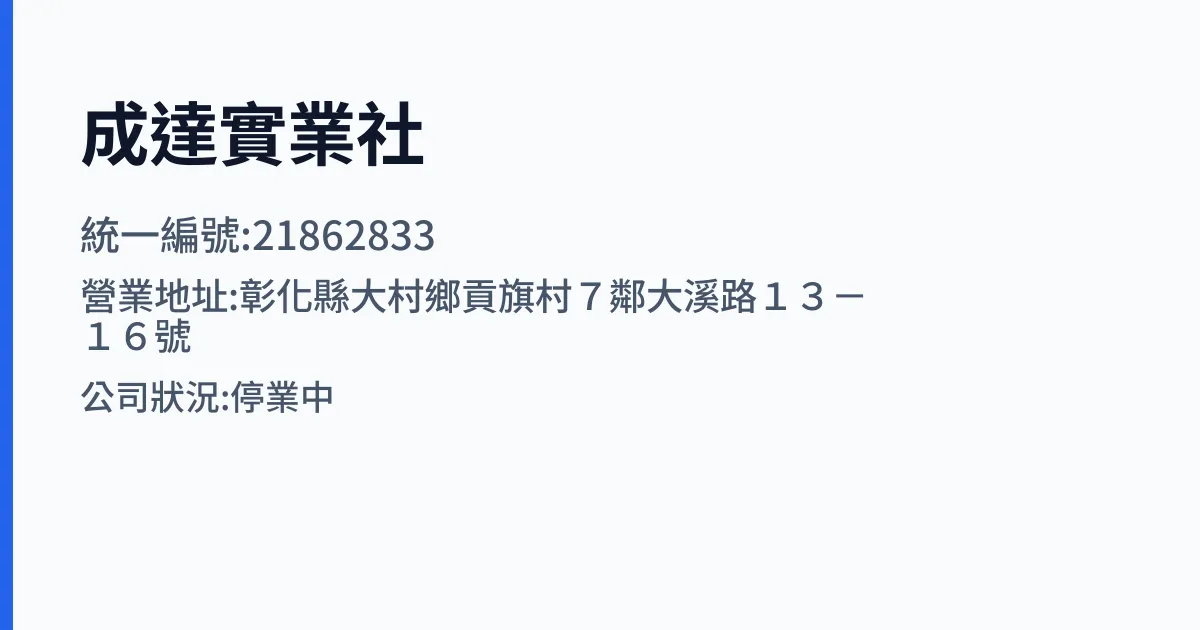 成達實業社 - 統編 21862833(彰化縣) 公司登記資料與營業項目詳細圖表