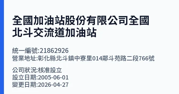 全國加油站股份有限公司全國北斗交流道加油站的照片-統編 21862926(彰化縣) 公司登記資料與營業項目詳細圖表