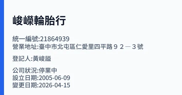 峻嶸輪胎行的照片-統編 21864939(臺中市) 公司登記資料與營業項目詳細圖表