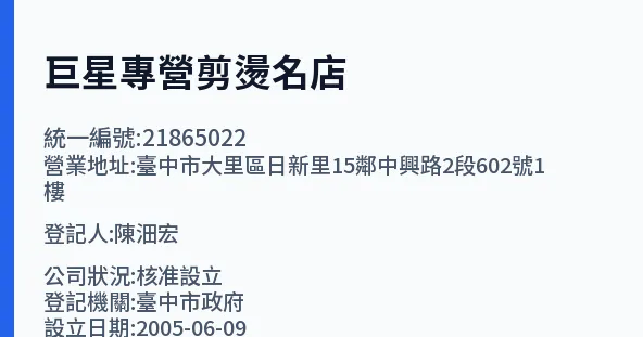 巨星專營剪燙名店的照片-統編 21865022(臺中市) 公司登記資料與營業項目詳細圖表