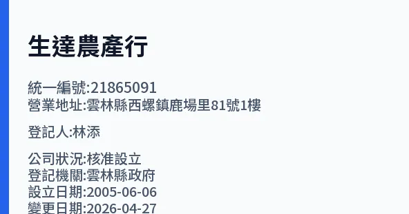生達農產行的照片-統編 21865091(雲林縣) 公司登記資料與營業項目詳細圖表