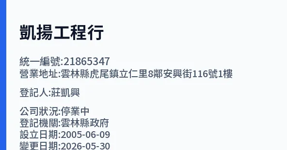 凱揚工程行的照片-統編 21865347(雲林縣) 公司登記資料與營業項目詳細圖表