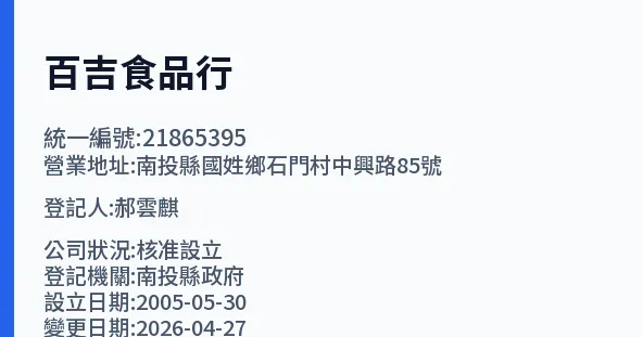 百吉食品行的照片-統編 21865395(南投縣) 公司登記資料與營業項目詳細圖表