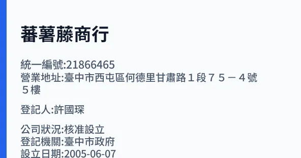 蕃薯藤商行的照片-統編 21866465(臺中市) 公司登記資料與營業項目詳細圖表