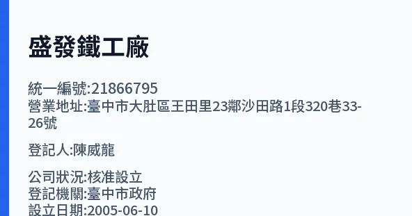 盛發鐵工廠的照片-統編 21866795(臺中市) 公司登記資料與營業項目詳細圖表