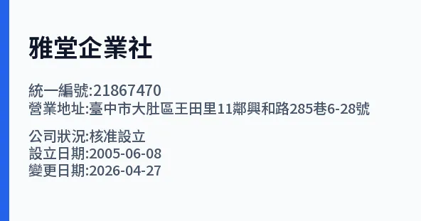 雅堂企業社的照片-統編 21867470(臺中市) 公司登記資料與營業項目詳細圖表