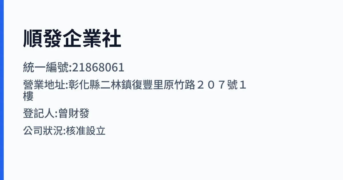 順發企業社 - 統編 21868061(彰化縣) 公司登記資料與營業項目詳細圖表
