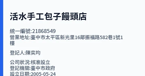活水手工包子饅頭店的照片-統編 21868549(臺中市) 公司登記資料與營業項目詳細圖表
