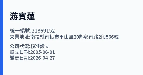 游寶蓮的照片-統編 21869152(南投縣) 公司登記資料與營業項目詳細圖表