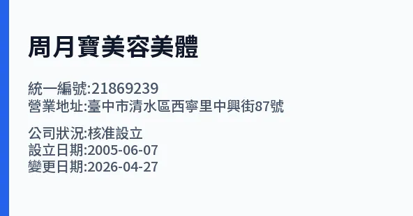 周月寶美容美體的照片-統編 21869239(臺中市) 公司登記資料與營業項目詳細圖表