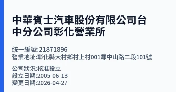 中華賓士汽車股份有限公司台中分公司彰化營業所的照片-統編 21871896(彰化縣) 公司登記資料與營業項目詳細圖表