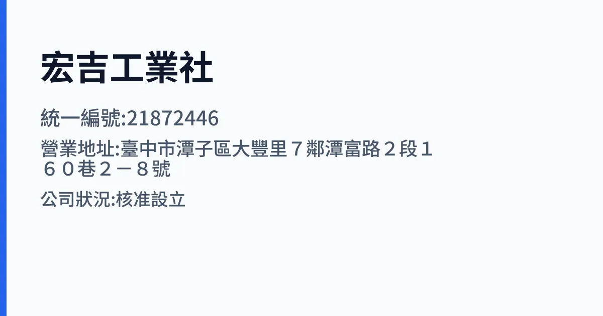 宏吉工業社 - 統編 21872446(臺中市) 公司登記資料與營業項目詳細圖表