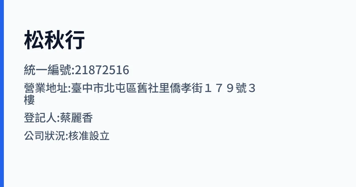 松秋行 - 統編 21872516(臺中市) 公司登記資料與營業項目詳細圖表