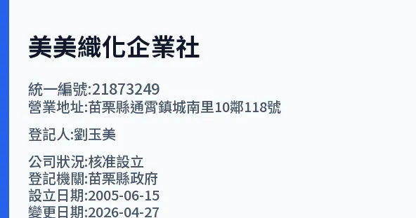 美美織化企業社的照片-統編 21873249(苗栗縣) 公司登記資料與營業項目詳細圖表