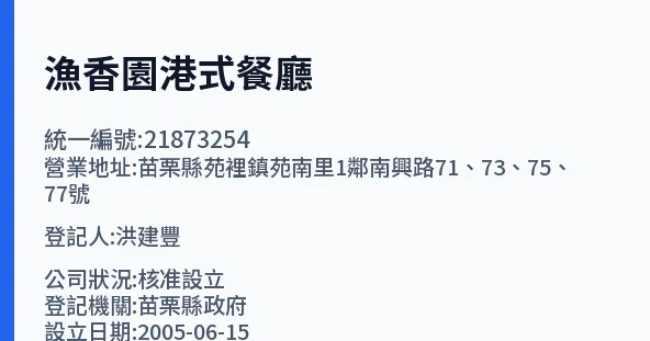 漁香園港式餐廳的照片-統編 21873254(苗栗縣) 公司登記資料與營業項目詳細圖表