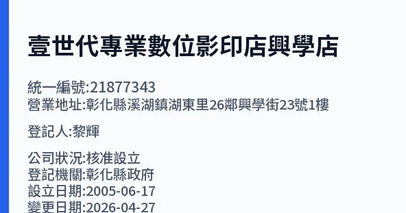 壹世代專業數位影印店興學店的照片-統編 21877343(彰化縣) 公司登記資料與營業項目詳細圖表