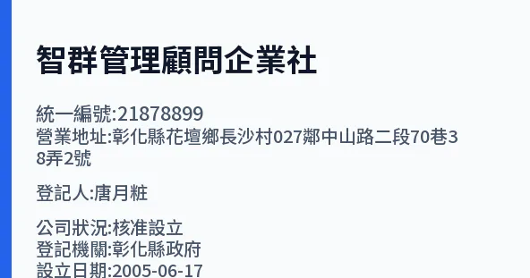 智群管理顧問企業社的照片-統編 21878899(彰化縣) 公司登記資料與營業項目詳細圖表