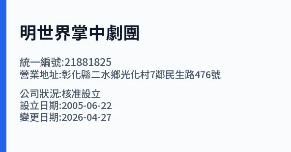 明世界掌中劇團的照片-統編 21881825(彰化縣) 公司登記資料與營業項目詳細圖表