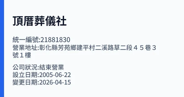 頂厝葬儀社的照片-統編 21881830(彰化縣) 公司登記資料與營業項目詳細圖表