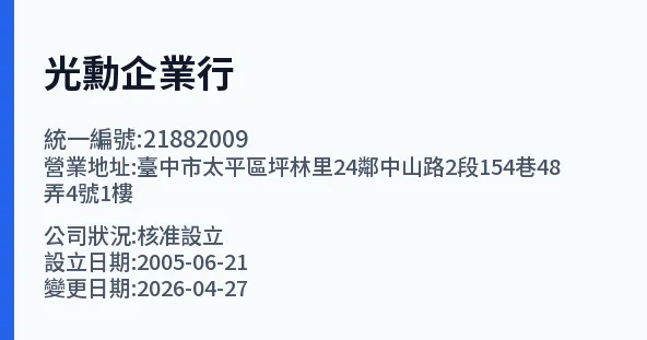 光勳企業行的照片-統編 21882009(臺中市) 公司登記資料與營業項目詳細圖表