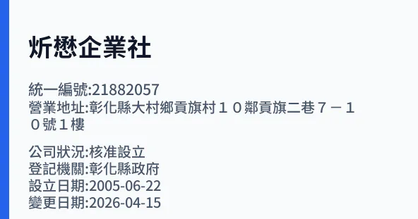 炘懋企業社的照片-統編 21882057(彰化縣) 公司登記資料與營業項目詳細圖表