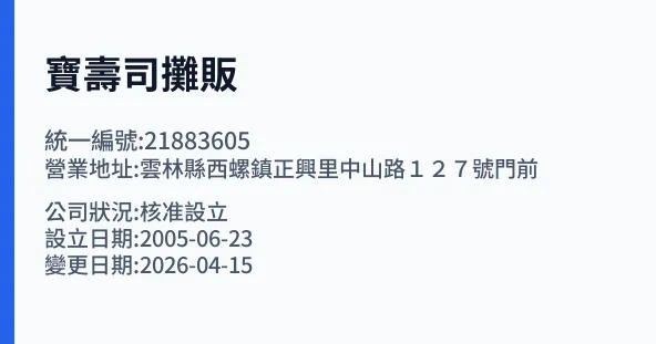 寶壽司攤販的照片-統編 21883605(雲林縣) 公司登記資料與營業項目詳細圖表