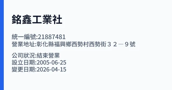 銘鑫工業社的照片-統編 21887481(彰化縣) 公司登記資料與營業項目詳細圖表