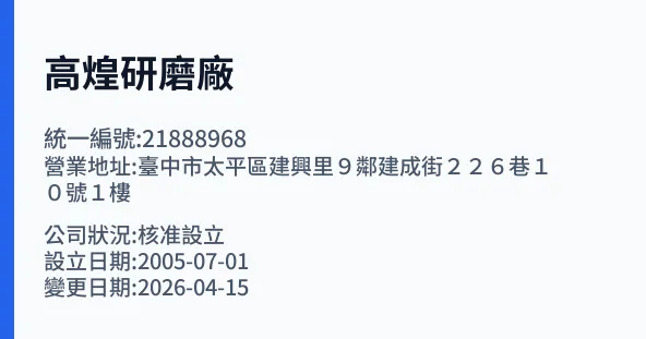高煌研磨廠的照片-統編 21888968(臺中市) 公司登記資料與營業項目詳細圖表