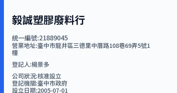 毅誠塑膠廢料行的照片-統編 21889045(臺中市) 公司登記資料與營業項目詳細圖表