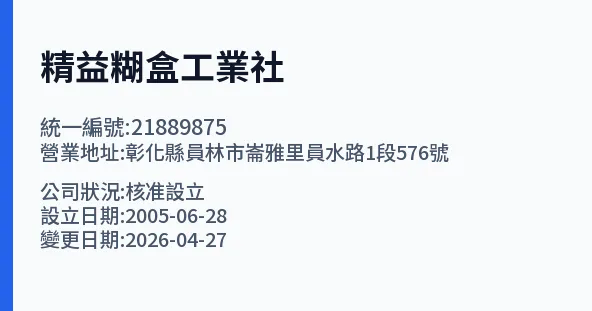 精益糊盒工業社的照片-統編 21889875(彰化縣) 公司登記資料與營業項目詳細圖表