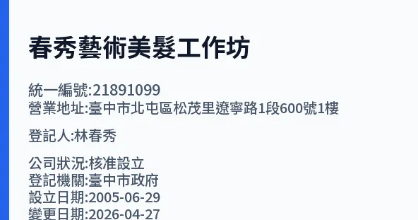 春秀藝術美髮工作坊的照片-統編 21891099(臺中市) 公司登記資料與營業項目詳細圖表