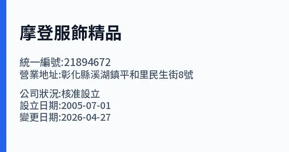摩登服飾精品的照片-統編 21894672(彰化縣) 公司登記資料與營業項目詳細圖表