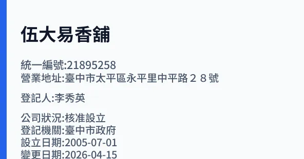 伍大易香舖的照片-統編 21895258(臺中市) 公司登記資料與營業項目詳細圖表