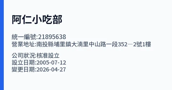 阿仁小吃部的照片-統編 21895638(南投縣) 公司登記資料與營業項目詳細圖表