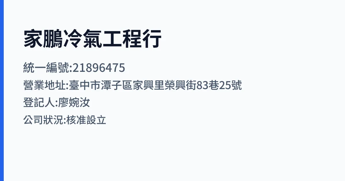 家鵬冷氣工程行 - 統編 21896475(臺中市) 公司登記資料與營業項目詳細圖表