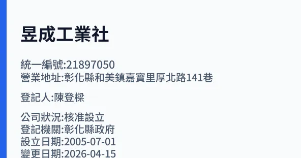 昱成工業社的照片-統編 21897050(彰化縣) 公司登記資料與營業項目詳細圖表